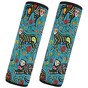 Halloween Sugar Skull Cat Seat Belt Covers 2 Pack Car Seat Strap Covers Super Soft Car Seat Neck Cover for Boys Girls Adults Babies