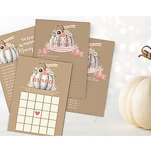 Your Main Event Prints Fall Pumpkin Baby Shower Games - Neutral Yellow - Bingo, Find The Guest, The Price is Right, Who Knows Mommy Best - 25 Games Each, Printed Front and Back, 1 Game Per Side