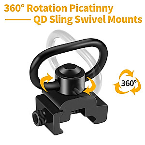 LONSEL 360° Rotation Picatinny Sling Swivel Mounts, 2 Point and Traditional Sling Picatinny Rail Mount with 1.25" Push Button QD Sling Swivels - Black (2 Pack)