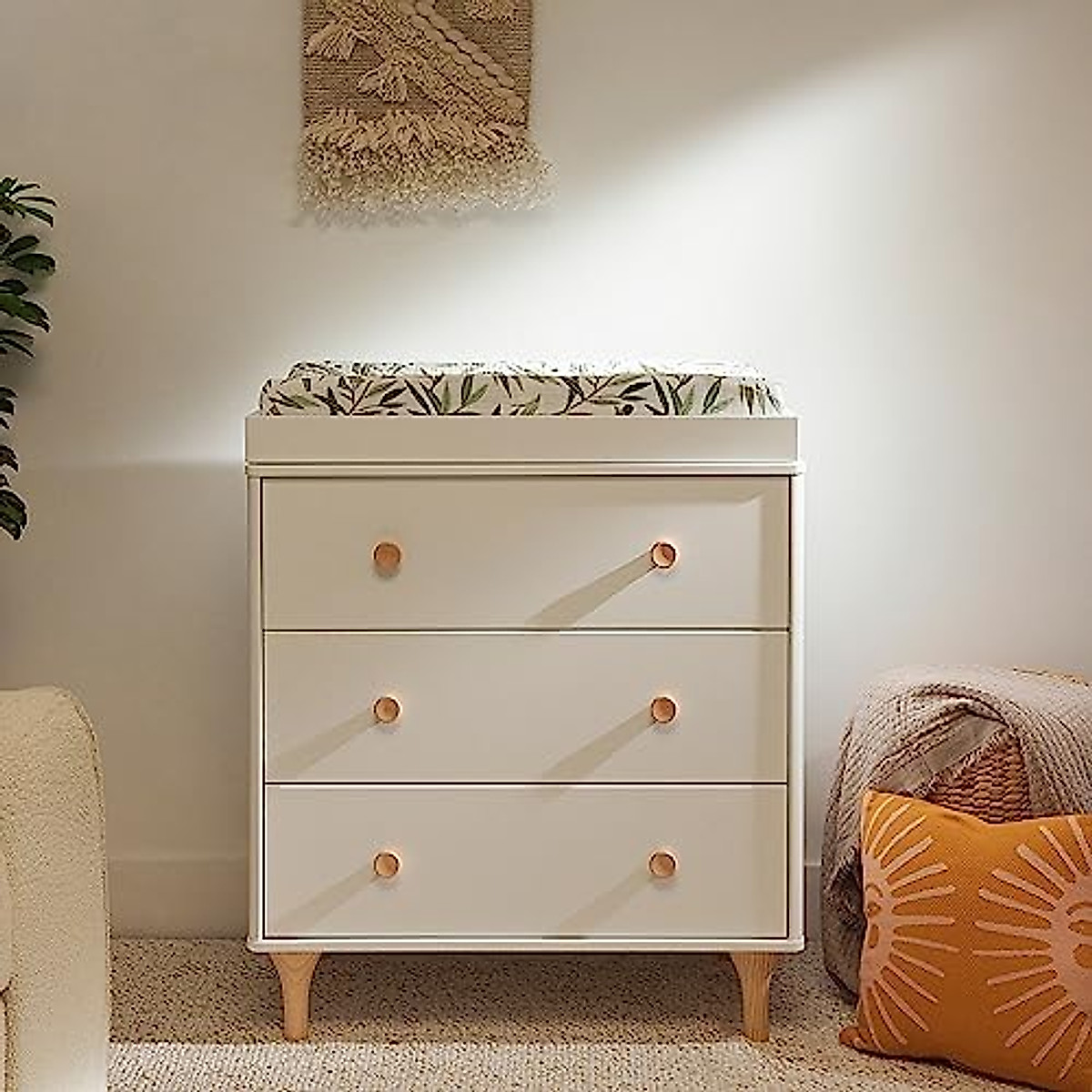 Babyletto Lolly 3-Drawer Changer Dresser with Removable Changing Tray in White and Natural, Greenguard Gold Certified