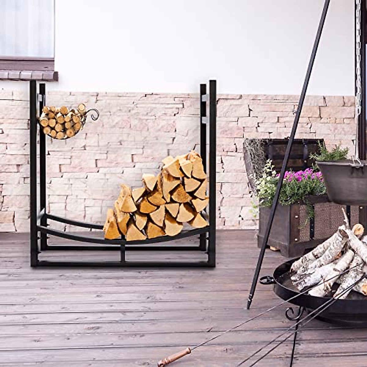 DOEWORKS Heavy Duty Firewood Racks 3 Feet Indoor/Outdoor Log Rack with Kindling Holder, 30 Inch Tall, Black