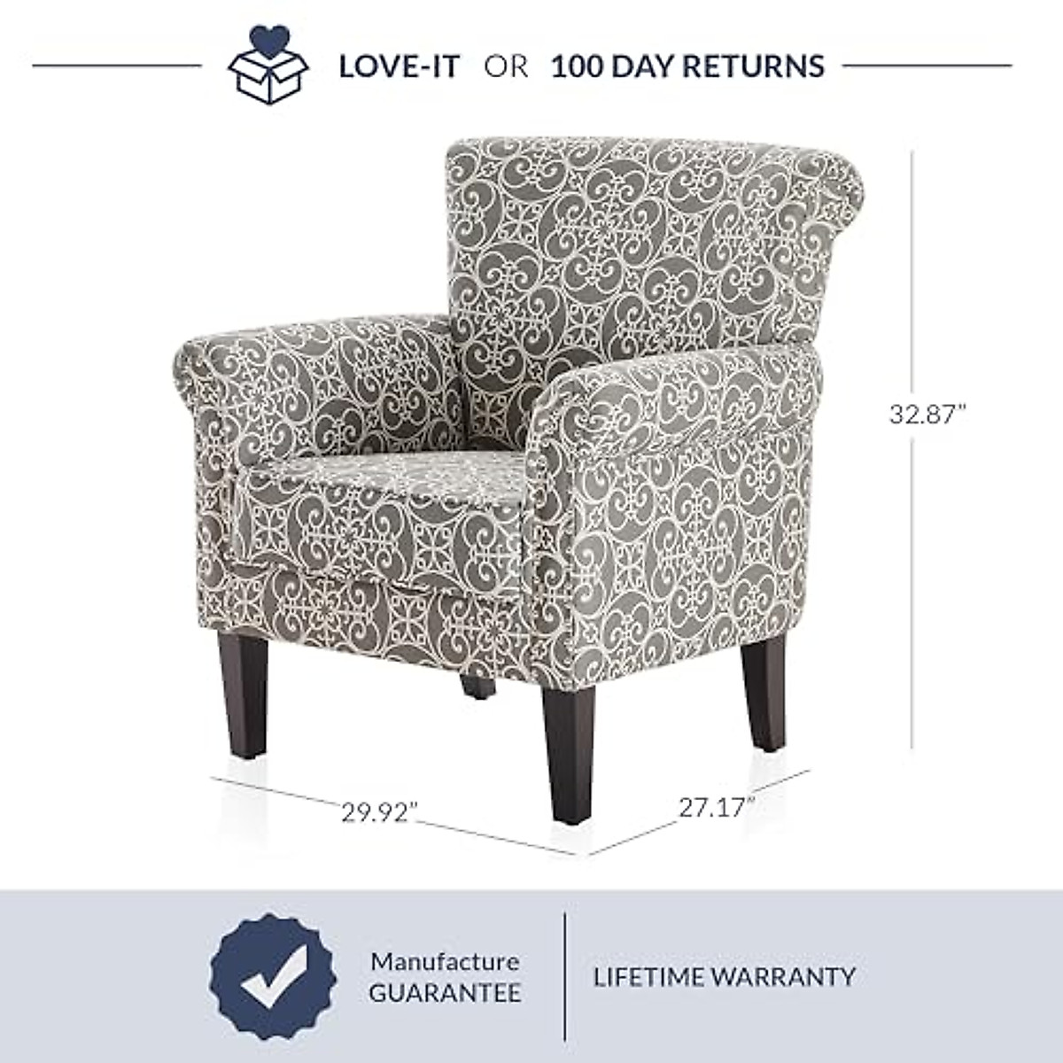 BELLEZE Upholstered Wingback Accent Chair, Fabric Armchair Club Chair, Nailhead Trim High Back Patterned Corner Chair for Living Room Bedroom - Rosette (Gray)