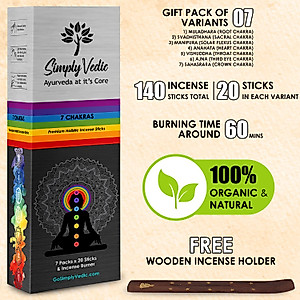 Simply Vedic 7 Chakra Incense Sticks Variety Pack with Holder, Set of 7 (140 Sticks) for Chakra Activation, Healing, Meditation, Yoga, Rituals, Aromatherapy, Energy Cleansing, Natural Handmade Incense