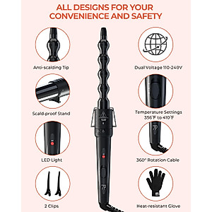 7 in 1 Curling Wand Set: Ohuhu Curling Iron Wand 7Pcs 0.35 to 1.25 Inch Interchangeable Ceramic Barrel Heat Protective Glove 2 Clips Dual Voltage Hair Curler for Girls Women Black