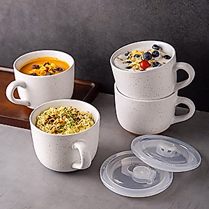 AmorArc Ceramic Soup Mugs with Lid, 24 oz Soup Cups with Hanlde for Coffee,Cereal,Salad,Noodles,Tea,Soup Bowls Cups,Microwave &Dishwasher Safe, Set of 2,Speckled Outside with Vented lid