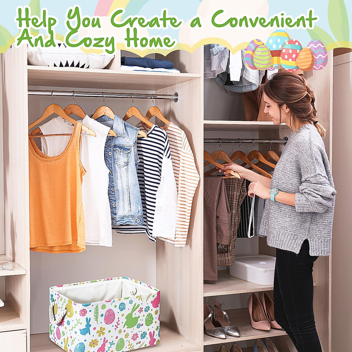 Sunnychicc Easter Basket, Easter Eggs Bunny Flower Foldable Storage Bins with Handles, Easter Canvas Cubes Fabric Collapsible Organizer Bag for Storage Clothes(Bunny Eggs, 2 Pcs)