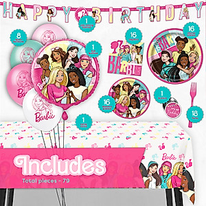 Unique Barbie Party Decorations | Serves 16 Guests | Officially Licensed | Barbie Birthday Decorations | Barbie Birthday Party Supplies | Barbie Balloons, Banner, Tablecover, Plates, Napkins, Button