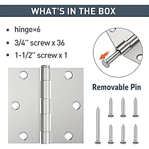 HOSOM 6 Pack Door Hinges 3.5 Inch with Square Corner, Satin Nickel Interior Door Hinge for Bedroom, Bathroom, Cabinet, and More