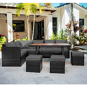 Nestl Outdoor Dining Set - 7 Piece Wicker Patio Set with Outdoor Dining Table, Outdoor Sectional Sofa and 3 Ottomans, Outdoor Patio Furniture, Patio Sectional, Patio Table and Chairs Set (Grey/Grey)