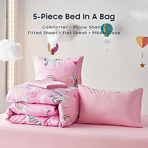 Wake In Cloud - Unicorn Bedding Set for Girls, Cute Rainbow Unicorn Patterned Soft Lightweight Comforter Set with Sheets, 5 Pieces Kids Bed in a Bag, Pink, Twin Size