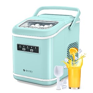 ecozy Countertop Ice Maker, Portable Ice Maker with Self-Cleaning, 9 Bullet Ice Cubes in 6 Mins, 26lbs/24Hrs, Ice Maker Machine with Ice Bags, Handle, Standing Scoop and Basket, Green