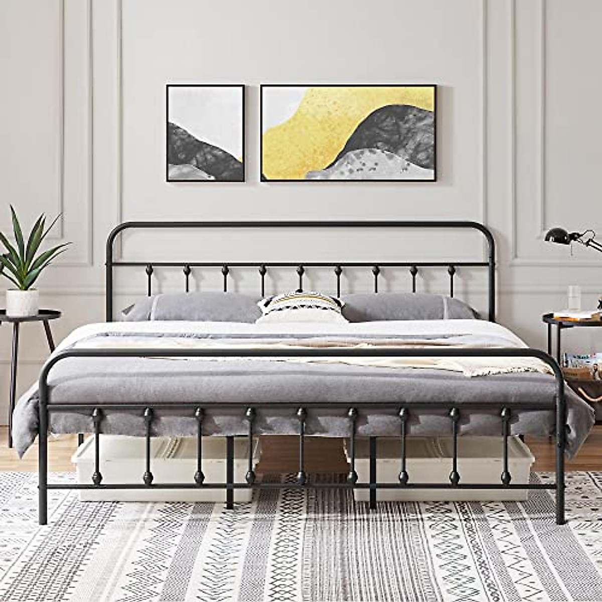 Yaheetech Classic Metal Platform Bed Frame Mattress Foundation with Victorian Style Iron-Art Headboard/Footboard/Under Bed Storage/No Box Spring Needed/California King Size Black