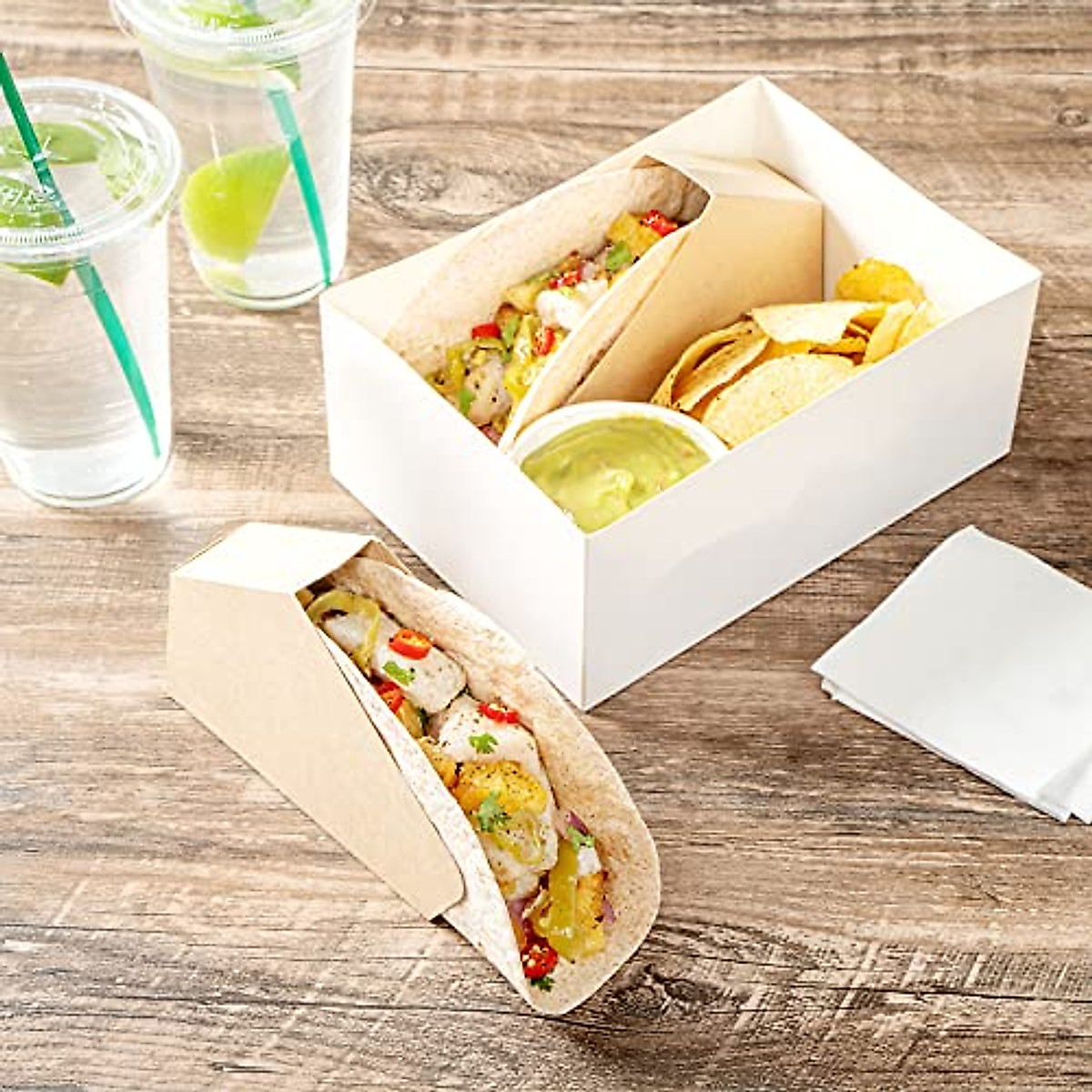 Restaurantware Bio Tek 6 .25 x 2 x 3.75 Inch Single Taco Holder 200 Greaseproof Stand Up Taco Holder - Large Self-Standing Kraft Paper Paper Taco Holder Freezable