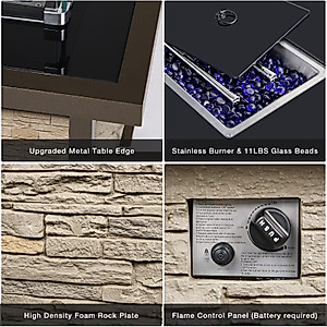 U-MAX Outdoor Propane Gas Fire Pit Table, 44 Inch 50,000 BTU Gas Auto-Ignition Rectangle Firepit for Patio with Brown Faux Stone Surface,Tempered Glass Lid & Glass Stone Rock CSA Certification