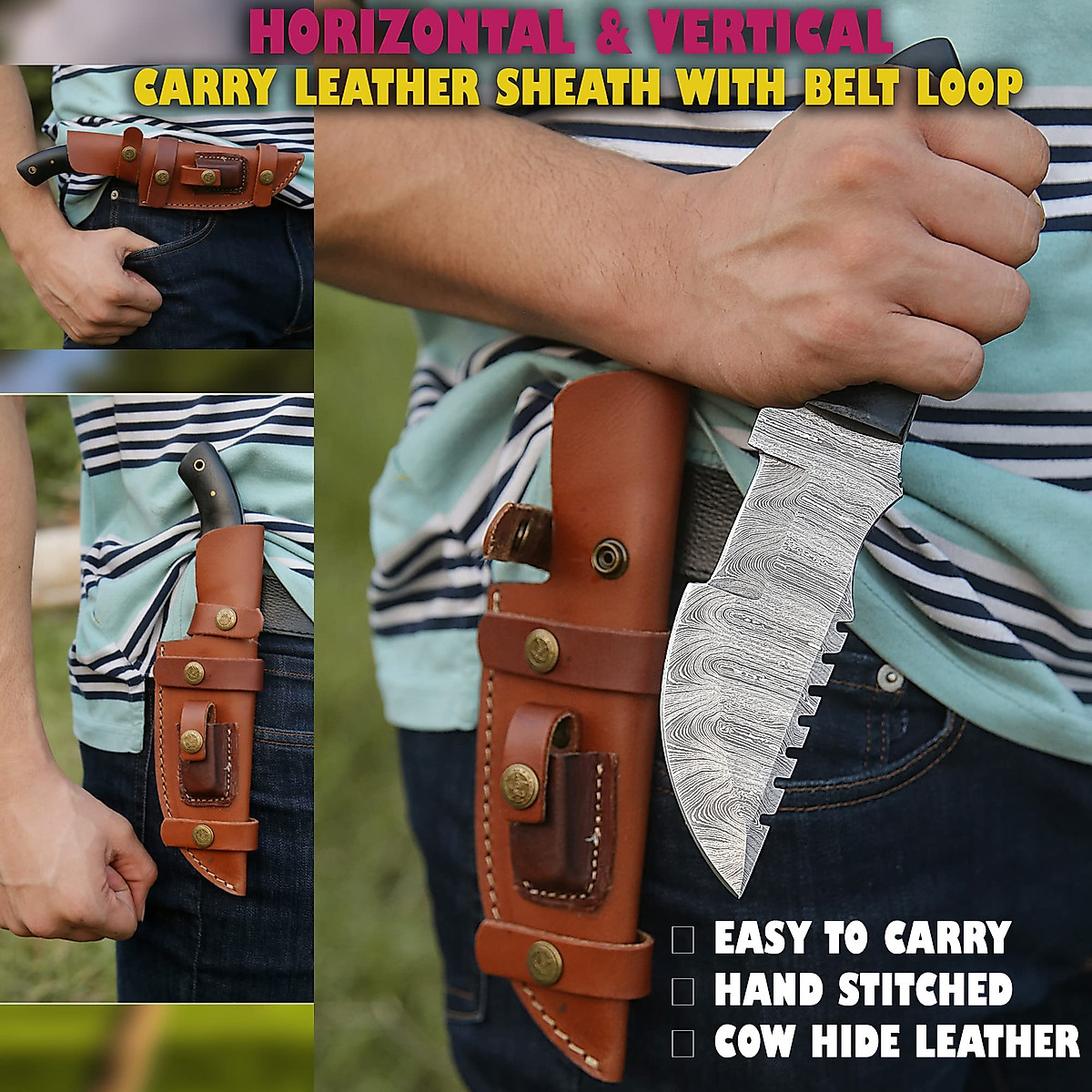 Handmade Tracker Knife Damascus Knife for Hunting Camping - 10 Inch Damascus Steel Hunting Tracker Knife with Horizontal Carry Sheath - Fixed Blade Survival tactical full tang Bushcraft Knife (Black Micarta)