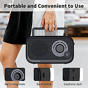 AM FM Radio with Best Reception, Bluetooth Speaker Portable Radio, DSP Plug in Wall Radio Battery Operated or AC Power with Headphone Jack, Large Tuning Knob for Home Kitchen Outdoor, Black
