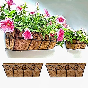 LaLaGreen Wall Planters - 16 Inch, 2 Pack Window Flower Boxes Basket Attach to House, Deck Railing Planters with Coco Liners Outdoor Balcony, Metal English Horse Troughs Fence Patio Porch Over Rail