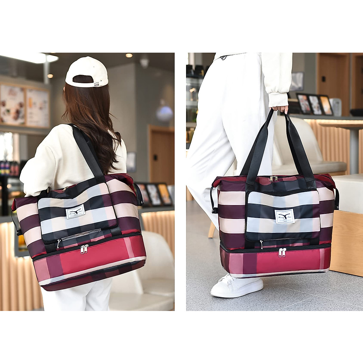 NWLR 2022 New Foldable Dry/Wet Separation Travel Duffel Bag with Shoe Compartment Large Capacity Folding Weekender Overnight Bag Lightweight Waterproof Gym Tote Bag (B-Red)