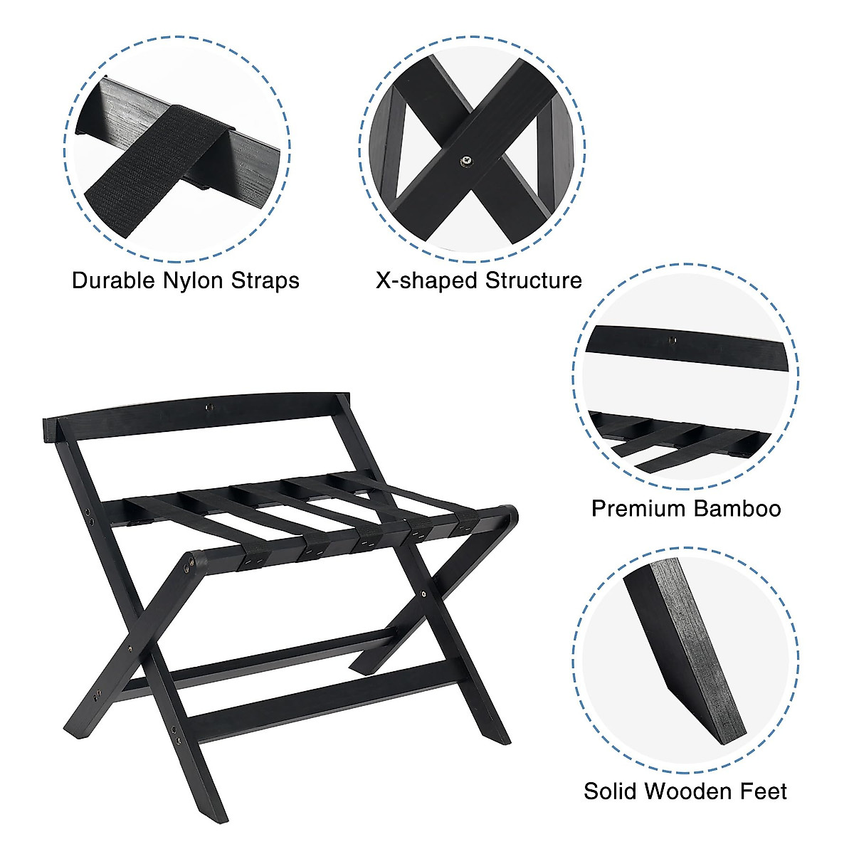 ALAPUR Bamboo Luggage Rack for Guest Room, Folding Luggage Holder with Storage Shelf , Suitcase Stand for Bedroom,Guest Room,Hotel，Black