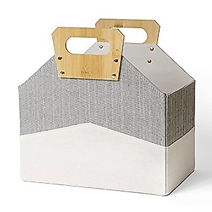 LA JOLIE MUSE Modern Magazine Rack Basket, Urban Style Book Holder Floor, Chic Tweed Fabric Storage Organizer with Bamboo Handles, Light Gray & White Color