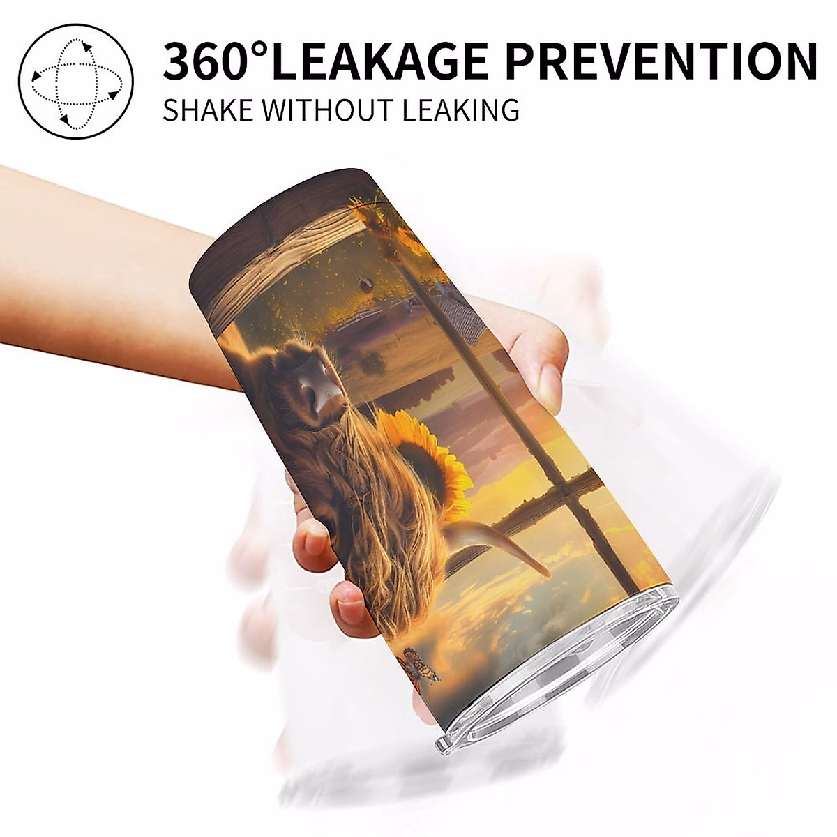 Highland Cow From Window Sunflower Sunset 20 Oz Tumbler with Straw Lid Insulated Travel Coffee Mug Large Capacity Car Cup