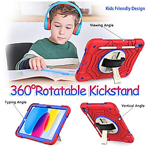 BMOUO Case for iPad 10th Generation - with Screen Protector, 360 Rotating Stand & Pencil Holder & Hand Shoulder Strap Shockproof Case for iPad 10th Generation 10.9 inch 2022, Red