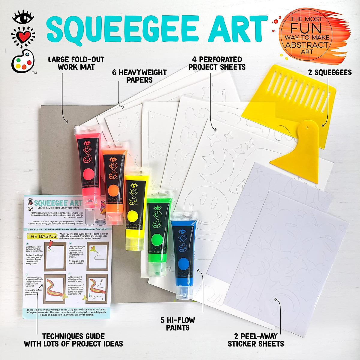 Bright Stripes iHeartArt Squeegee Art Kids Paint Kit, Childrens Painting Crafts Creativity Set, Including Paints, Squeegees, Paper, Stickers, Punch Outs and Work Surface, Great Creative Gifts