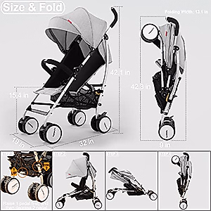Umbrella Stroller for Toddler - Lightweight Compact Travel Foldable Baby Stroller, 3D Light Weight Portable Pram for Infant with Canopy Grey