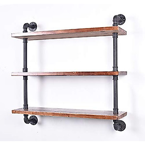 Diwhy Industrial Pipe Shelving Bookshelf Rustic Modern Wood Ladder Storage Shelf 3 Tiers Retro Wall Mount Pipe Design DIY Shelving (Black, L 36")