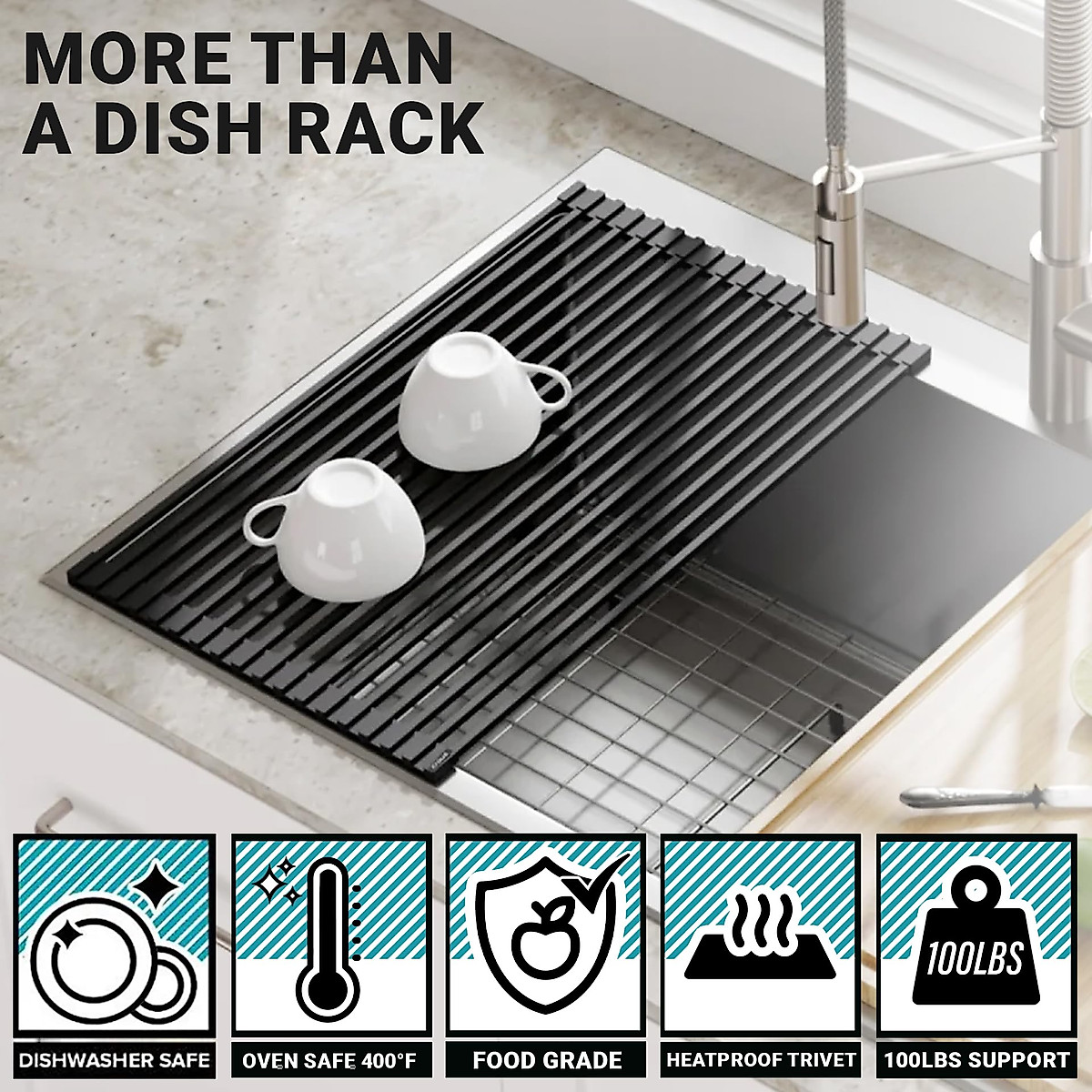 TRUSTAINLESS Combo Pack - Premium Multipurpose Black Silicone Extra Large 21 Inch Rolling Sink Rack and Drying Mat. Multipurpose Kitchen Accessory and Trivet