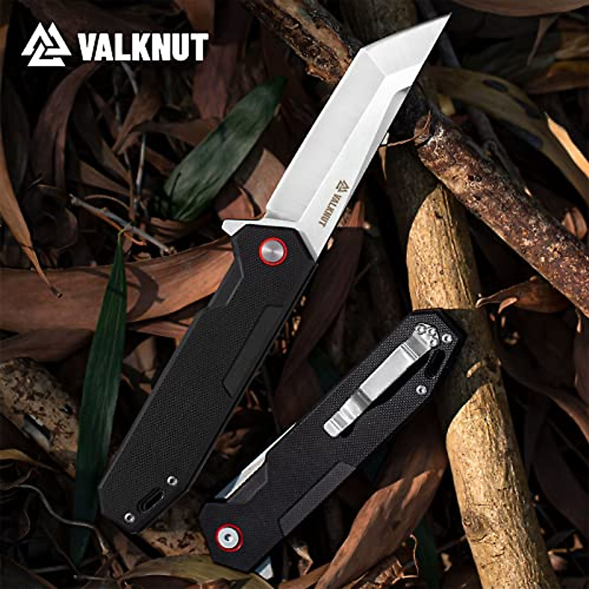 VALKNUT Tanto Knife D2 Blade EDC Folding Pocket Knives with Clip, Flipper Opening Knife with Black G10 Handle, 3.5'' Blade Length