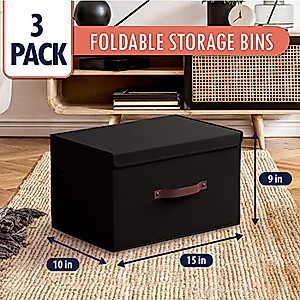 Ornavo Home 3 Pack Collapsible Storage Bins with Lid, Foldable Linen Fabric Shelf Storage Basket Closet Organizer and Large Storage Box for Clothes with Leather Handles, 15 x 10 x 9, Black