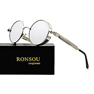 RONSOU Steampunk Style Round Vintage Polarized Sunglasses Retro Eyewear UV400 Protection Matel Frame Silver Frame Silver Lens