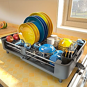 Genteen Dish Drying Rack, Large Dish Drying Rack with Drainboard, Stainless Steel Drying Rack for Kitchen Counter with Swivel Spout Utensil Holder