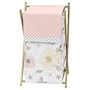 Sweet Jojo Designs Yellow and Pink Watercolor Floral Baby Kid Clothes Laundry Hamper - Blush Peach Orange Cream Grey and White Shabby Chic Rose Flower Farmhouse Polka Dot