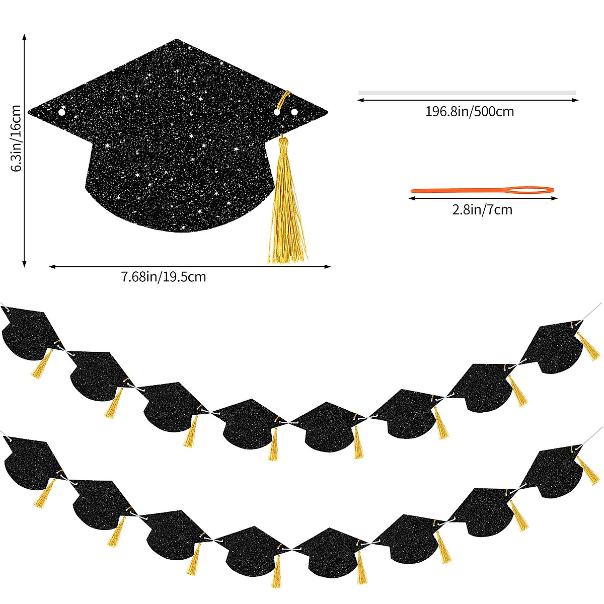 16Pcs Graduation Decorations Class of 2024 Glitter Pre-Strung Congrats Grad Graduation with Tassel Party Congratulations Banner Decor College High School Graduation Party Favors Black