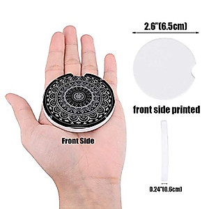 Absorbent Car Coasters for Cup Holders Black and White Indian Mandala, Small 2.56inch Ceramic Stone Drink Coaster for Women Men, Hippie Boho Tribal Art Set of 2 Pack