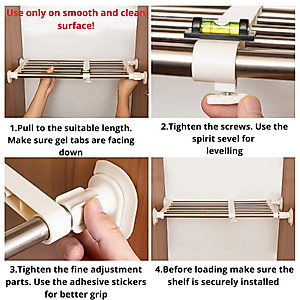Juwell Tension Rod Shelf, Expandable Closet Tension Shelf with Auxiliary Stickers and Spirit Level, No Drilling Space Saver Racks for Kitchen Cupboard Wardrobe RV(9.45*16.5-25.6Inch)