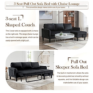 Modern Velvet Pull Out Sleeper Sofa Bed with Chaise, Comfy L Shaped Convertible Sleeper Couch with Storage and Pocket, Sectional 3 Seat Couch for Living Room Furniture or Office, Smooth Back - Black