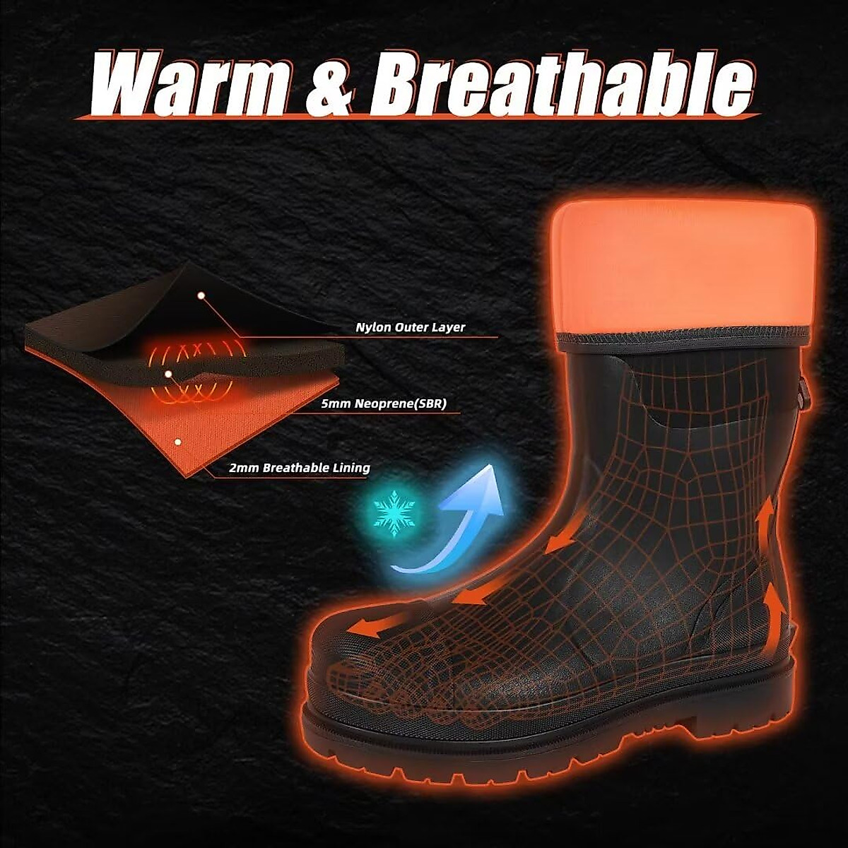 D DRYCODE Work Boots for Men with Steel Shank, Waterproof Rubber Boots 7mm Neoprene Insulated Anti-slip Mud Rain Boots, Black, Size 5-14