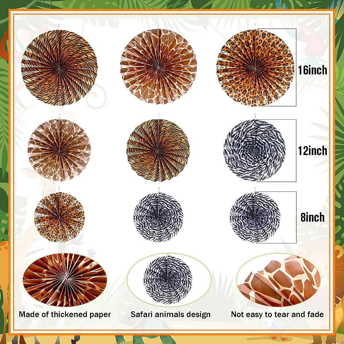 Outus 9 Pcs Animal Print Hanging Paper Fans Decorations Safari Theme Paper Fan Classroom Decoration Jungle Animal Ceiling Wall Garland for Wild Zoo Animal Baby Shower Birthday Party Supplies Decor