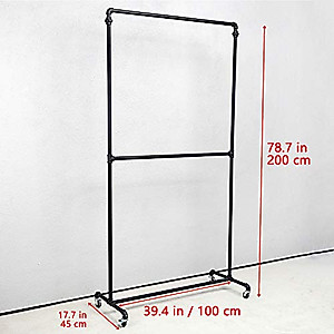 Industrial Pipe Clothing Racks on Wheels Double Hanging Rod Metal Clothing Rack,Heavy Duty Commercial Display Garment Rack,Vintage Retail Rack Hanging Weight Rack, Metal Ballet Rolling Racks,Black