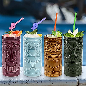 Cedilis 4 Pack Ceramic Tiki Mug, 10oz Tiki Drinking Cups, Exotic Zombie Cocktail Glasses, Tumblers Mai Tai glass, Tiki Bar Professional Hawaiian Party Barware