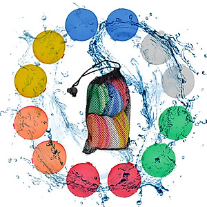 12 Pack Reusable Water Balloons, Silicone (Latex-Free), Quick Refill, Self-Sealing, in Mesh Bag (Pool Party, Beach Party, Summer Games)