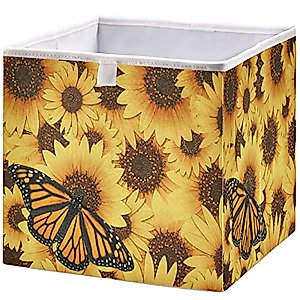 visesunny Closet Baskets Sunflower Butterfly Storage Bins Fabric Baskets for Organizing Shelves Foldable Storage Cube Bins for Clothes, Toys, Baby Toiletry, Office Supply