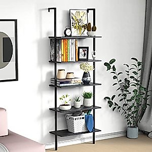 UVII Ladder Shelf Bookshelf, 5-Tier Industrial Bookshelf with Metal Frame and Wood Board, Wall Mounted Bookcase Open Shelf Organizer for Home Office, Bedroom and Living Room, Black Walnut