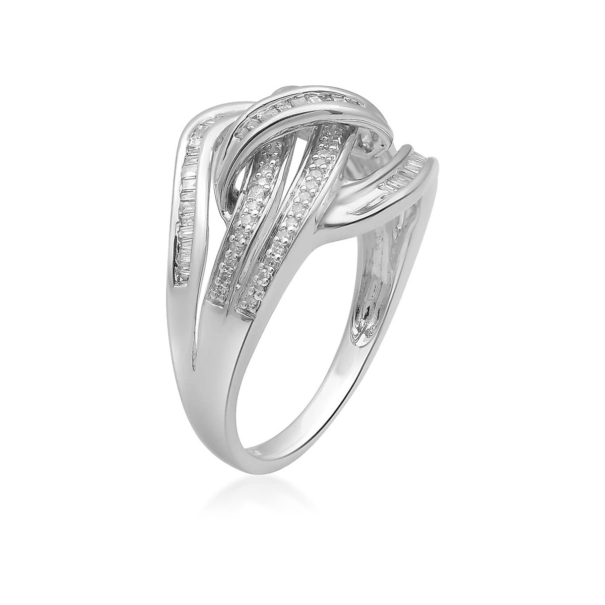 Jewelili Sterling Silver 1/3 Cttw Natural White Baguette and Round Diamond Crossover Ring, Size 7