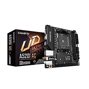 Gigabyte A520I AC (AMD Ryzen AM4/Mini-ITX/Direct 6 Phases Digital PWM with 55A DrMOS/Gaming GbE LAN/Intel WiFi+Bluetooth/NVMe PCIe 3.0 x4 M.2/3 Display Interfaces/Q-Flash Plus/Motherboard)