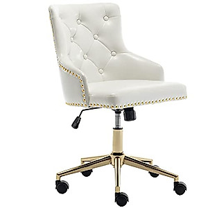 BTEXPERT White PU Leather Golden Base Home Adjustable Tufted Leisure Gold Nail Head Trim Upholstery Bedroom Study Desk Task Accent Arm Tilt Office Chair