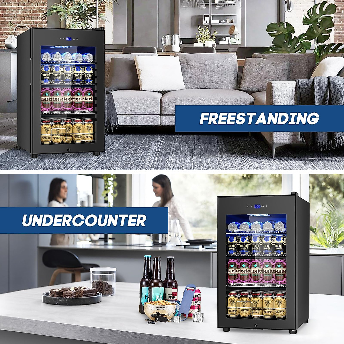 Beverage Refrigerator and Cooler Freestanding, 96 Cans Mini Fridge with glass door and Lock, Small Drink Fridge for Soda, Beer, Wine, For Home Bar Office with LED Light, with Adjustable Thermostat